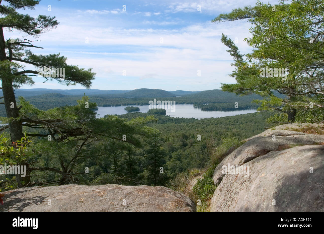 Fulton Chain lakes from Rondaxe Bald Mountain in the Old Forge area of ...