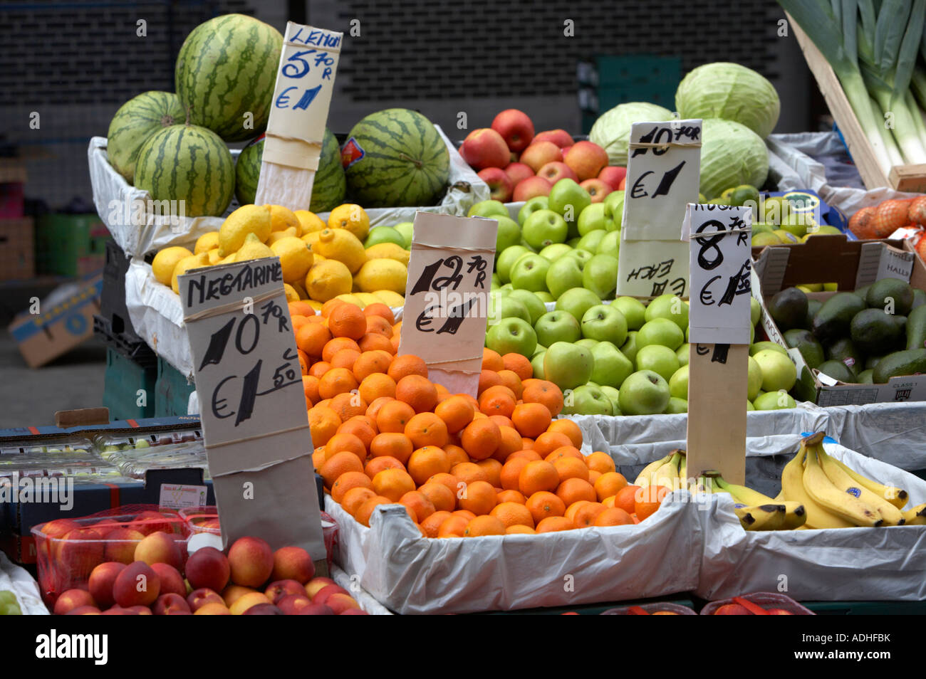various fruit on fruit stall with signs in english and with euro prices ...