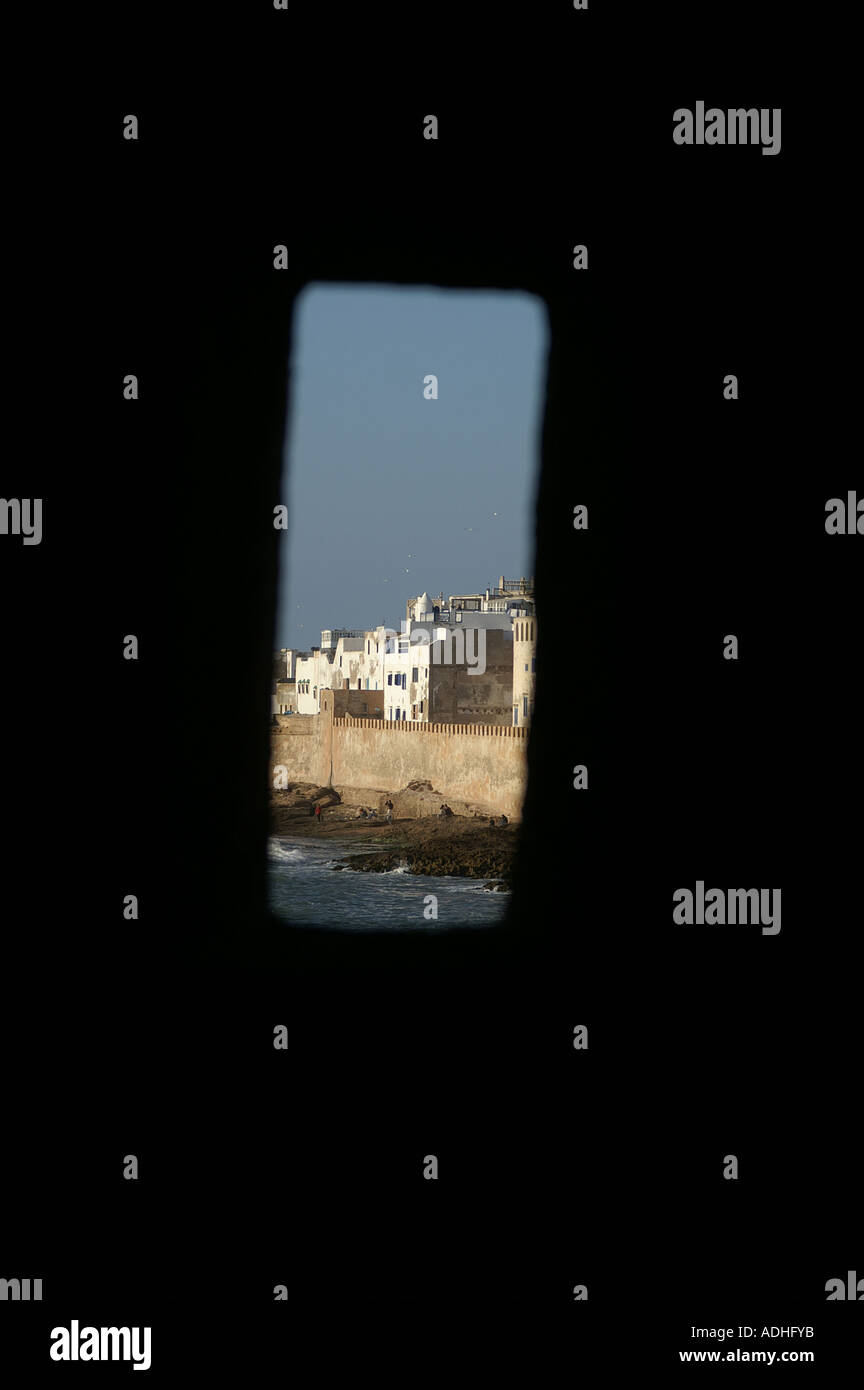 Seaside through observation hole in Turret Sqala du Port of Essaouira ...