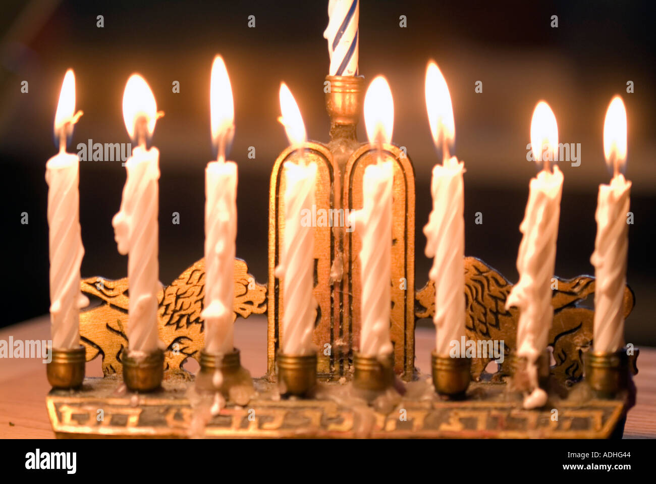 Menorah illuminated during Hanukkah festival Stock Photo - Alamy