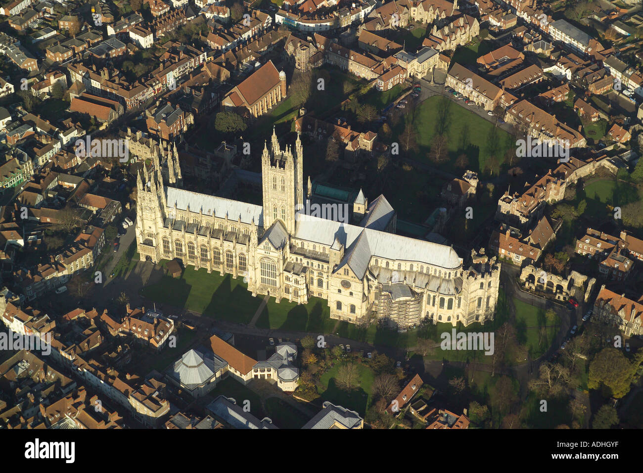 Aerial photograph of Canterbury Cathedral in Kent, taken on a winters ...