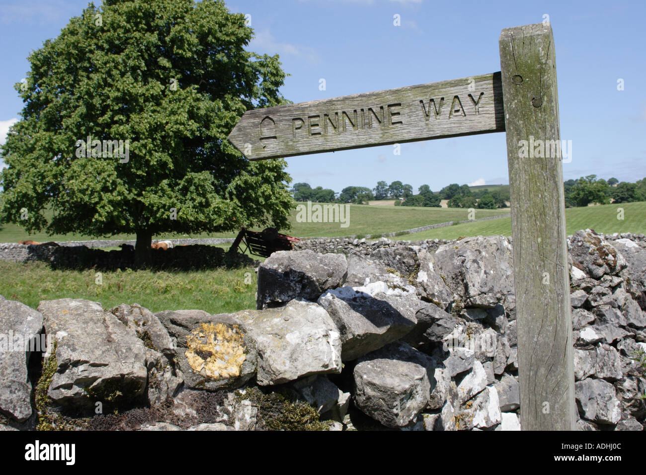 Pennine way sign next to Dry Stone Wall Stock Photo - Alamy