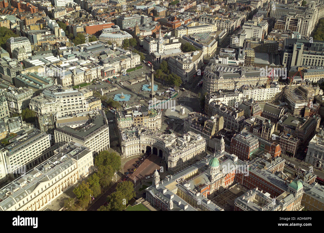 Aerial view of Trafalgar Square, Admiralty Arch and the front of the ...