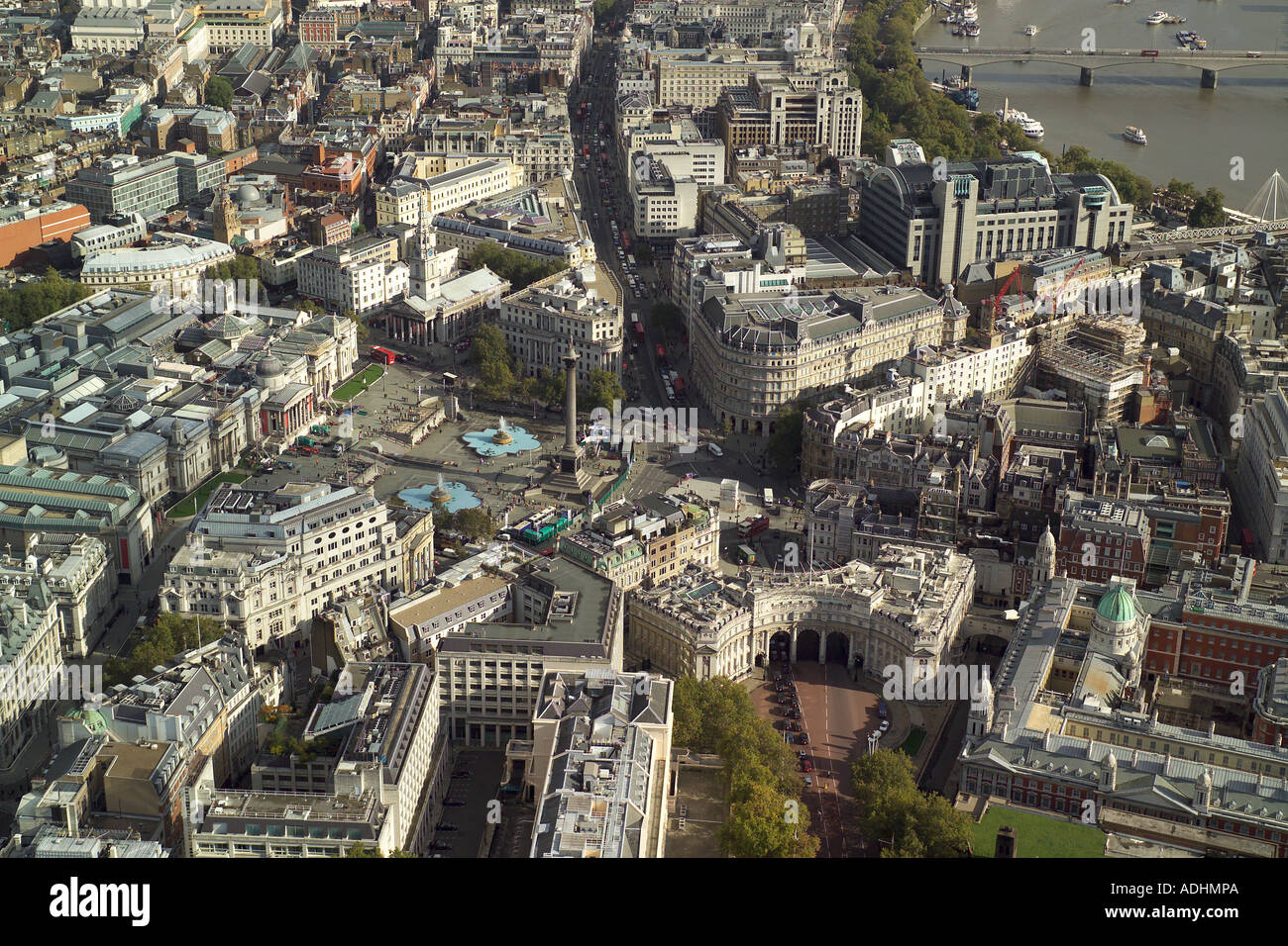 Aerial view of Trafalgar Square, Admiralty Arch, the front of the ...