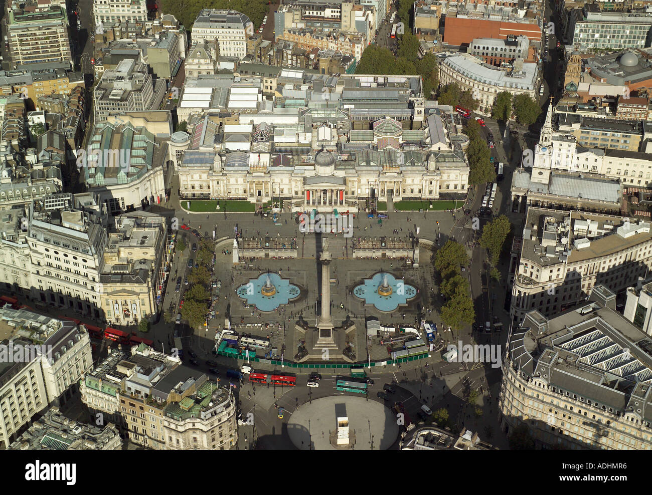 Aerial view of Trafalgar Square, Nelson's Column and the National ...