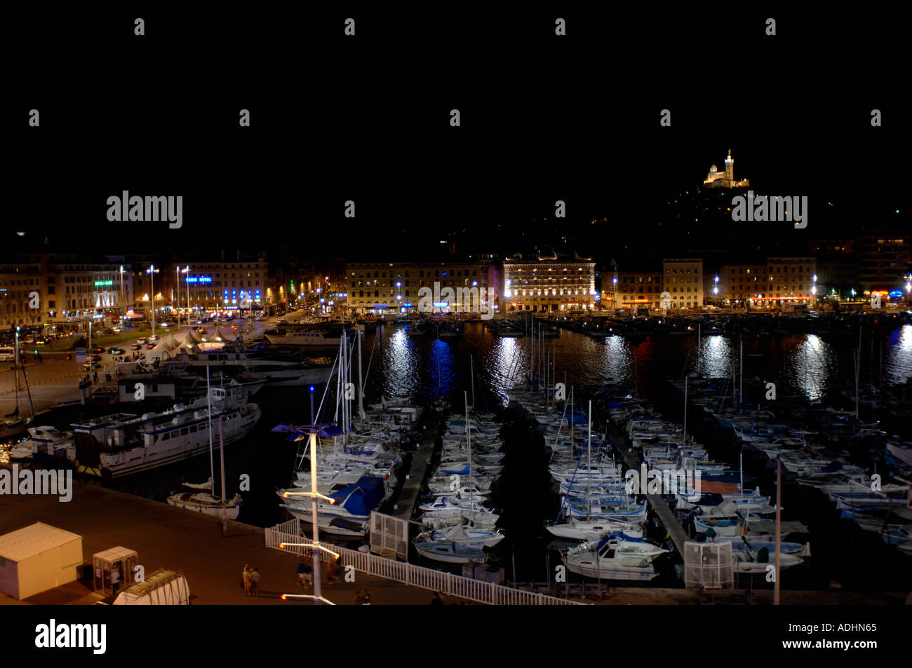 France Provence Marseille Night time view of Le Vieux Port The Old Port ...