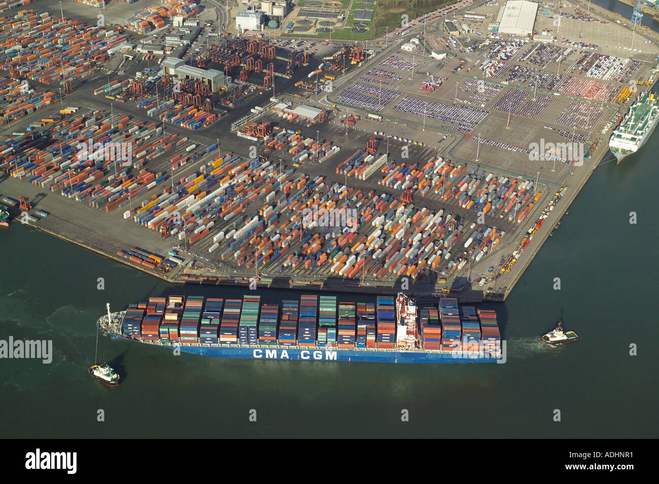 Aerial View Of A Container Ship At Southampton Container Terminal Being
