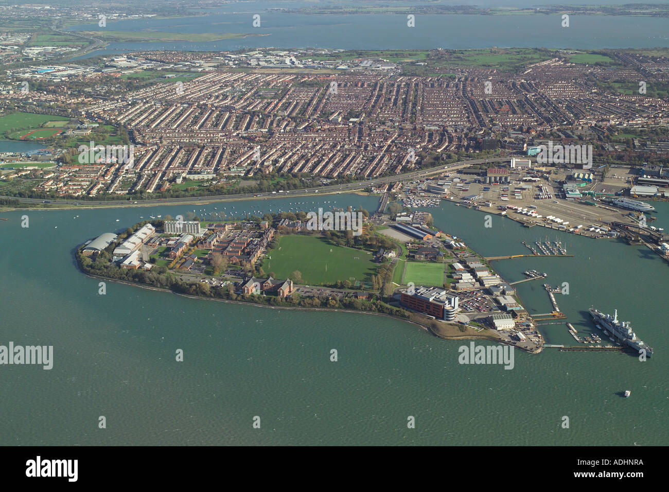 Aerial view of Whale Island in Portmouth Harbour, home of the Royal ...