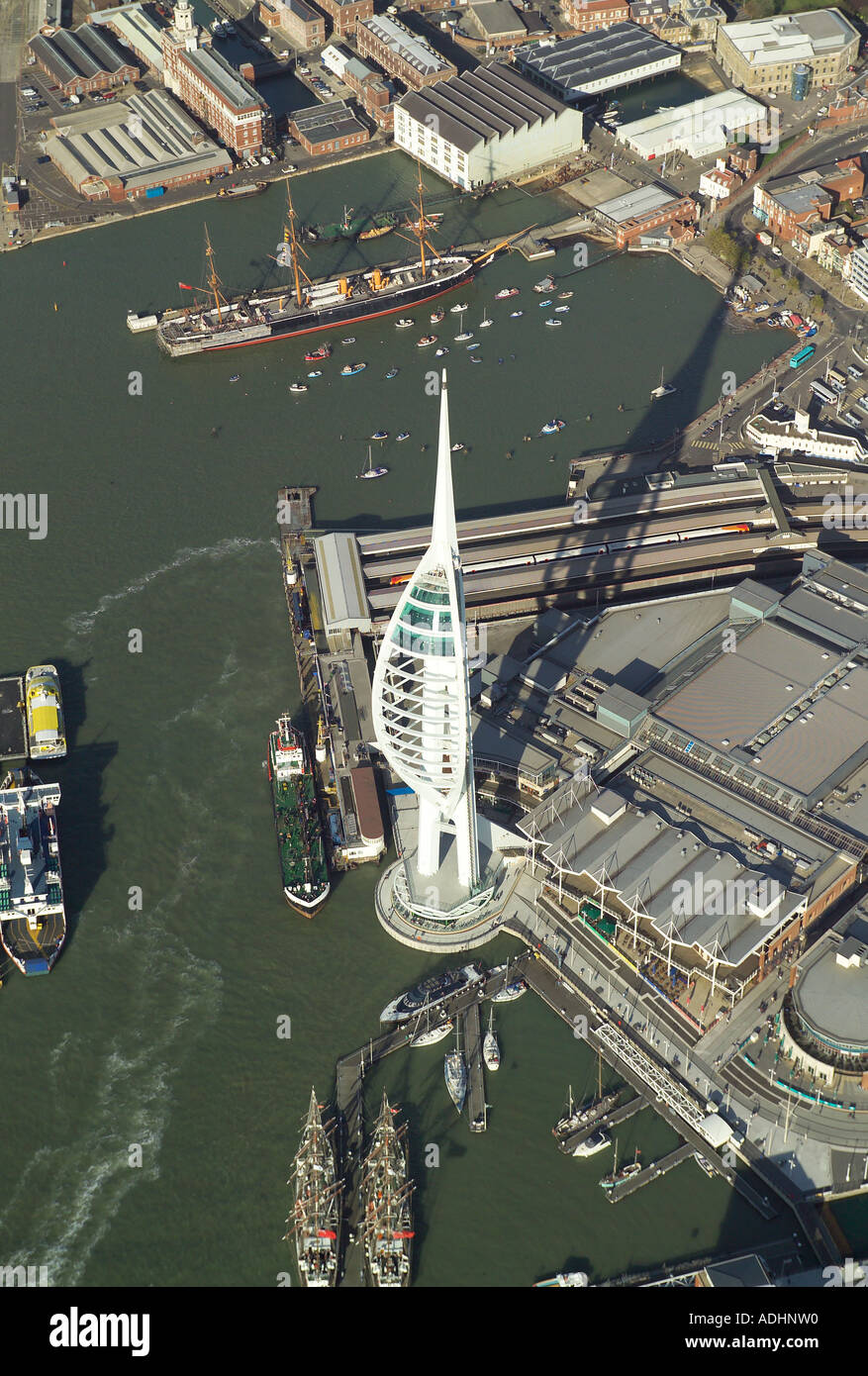 Aerial view of the Spinnaker Tower at Portsmouth Harbour. The tower is ...