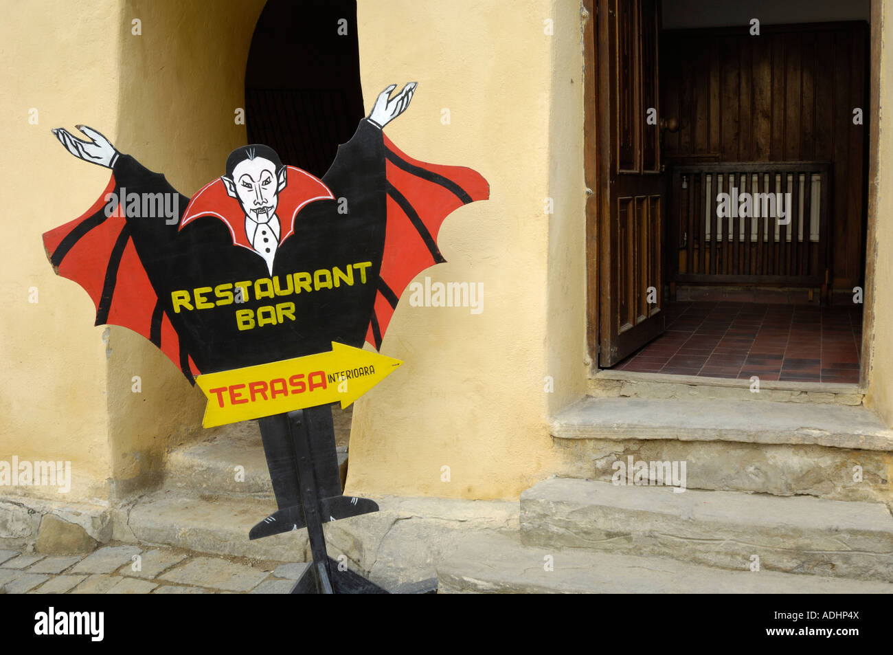 Dracula sign advertising a restaurant in Vlad the Impalers birthplace ...