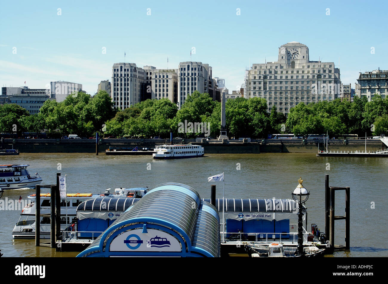 Festival pier Shell Mex house river Thames Embankment London England ...