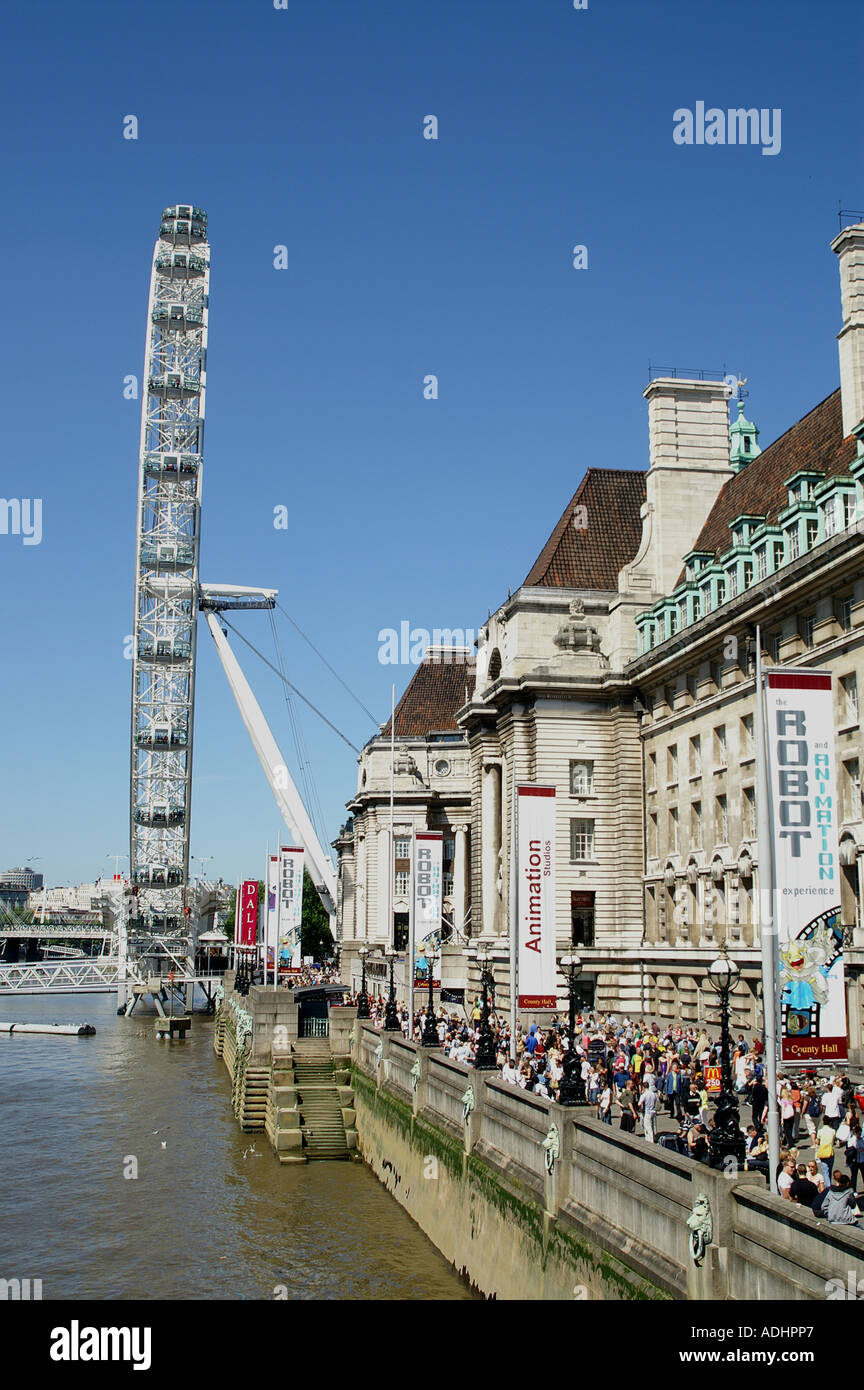 The Embankment South bank walkway River Thames London The Eye Stock ...