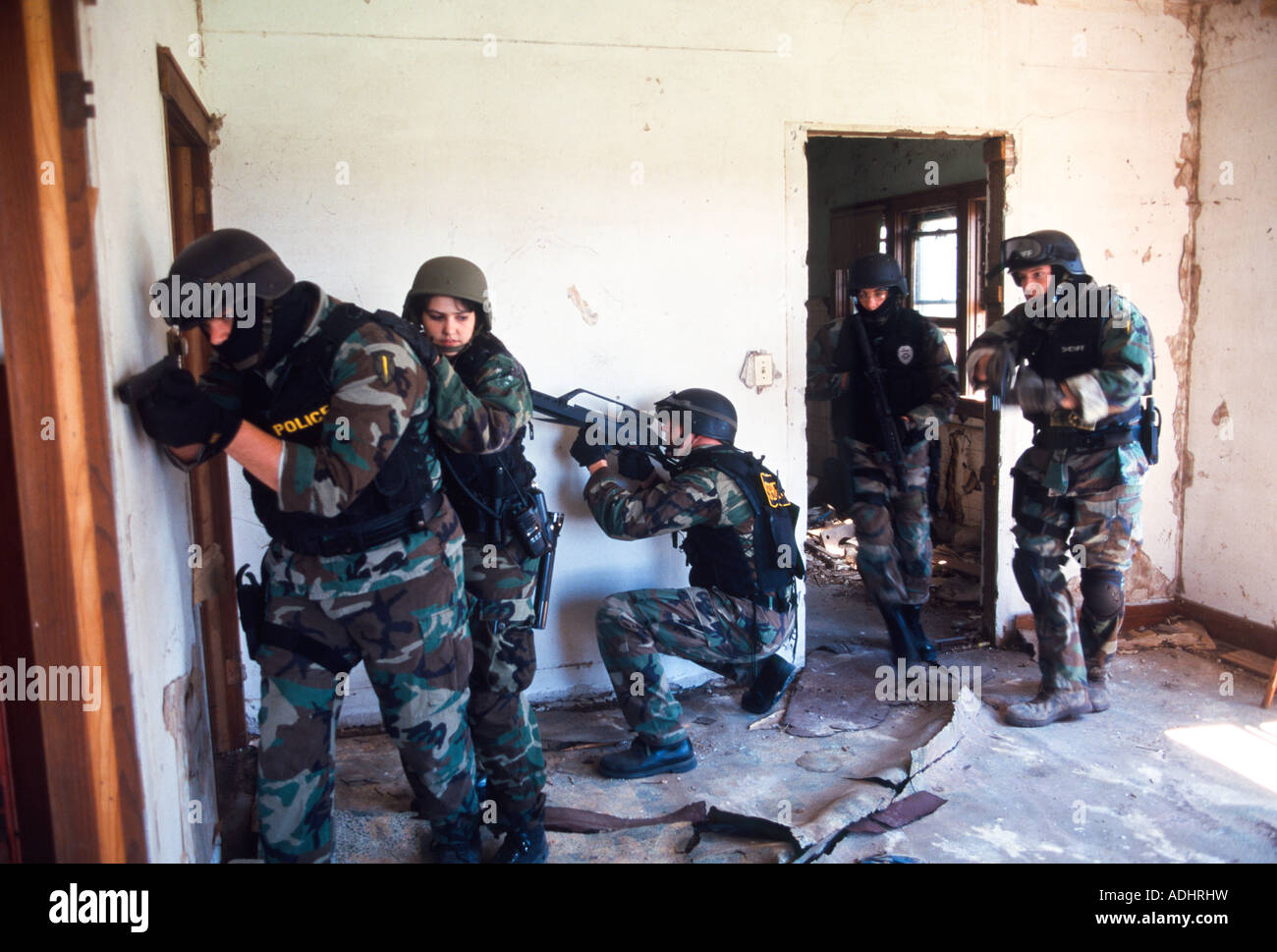 SWAT training. Entering rooms and moving in formation. Rural county ...