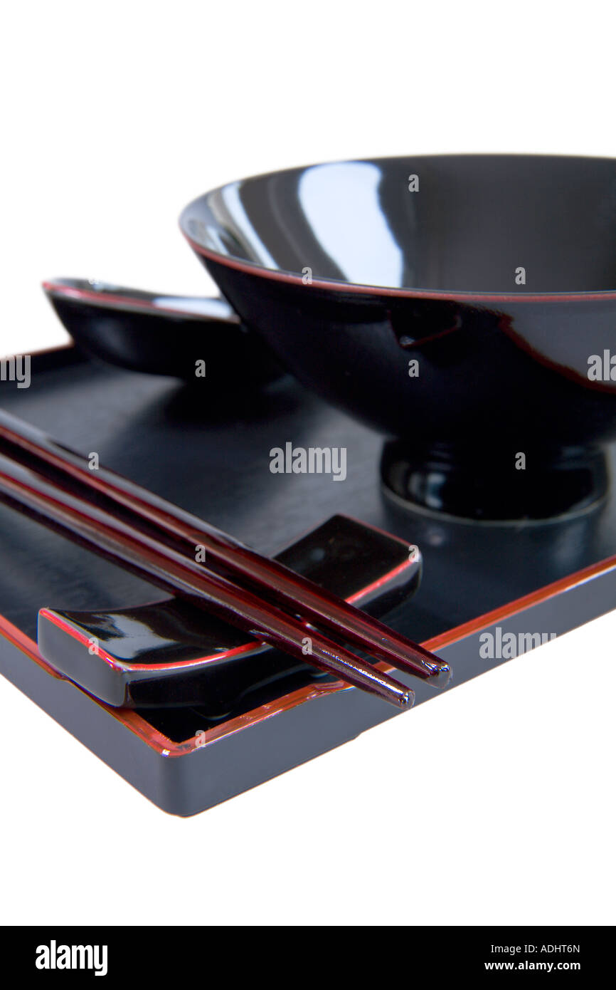 Empty black Japanese Chinese food bowl chopsticks soup spoon Stock ...