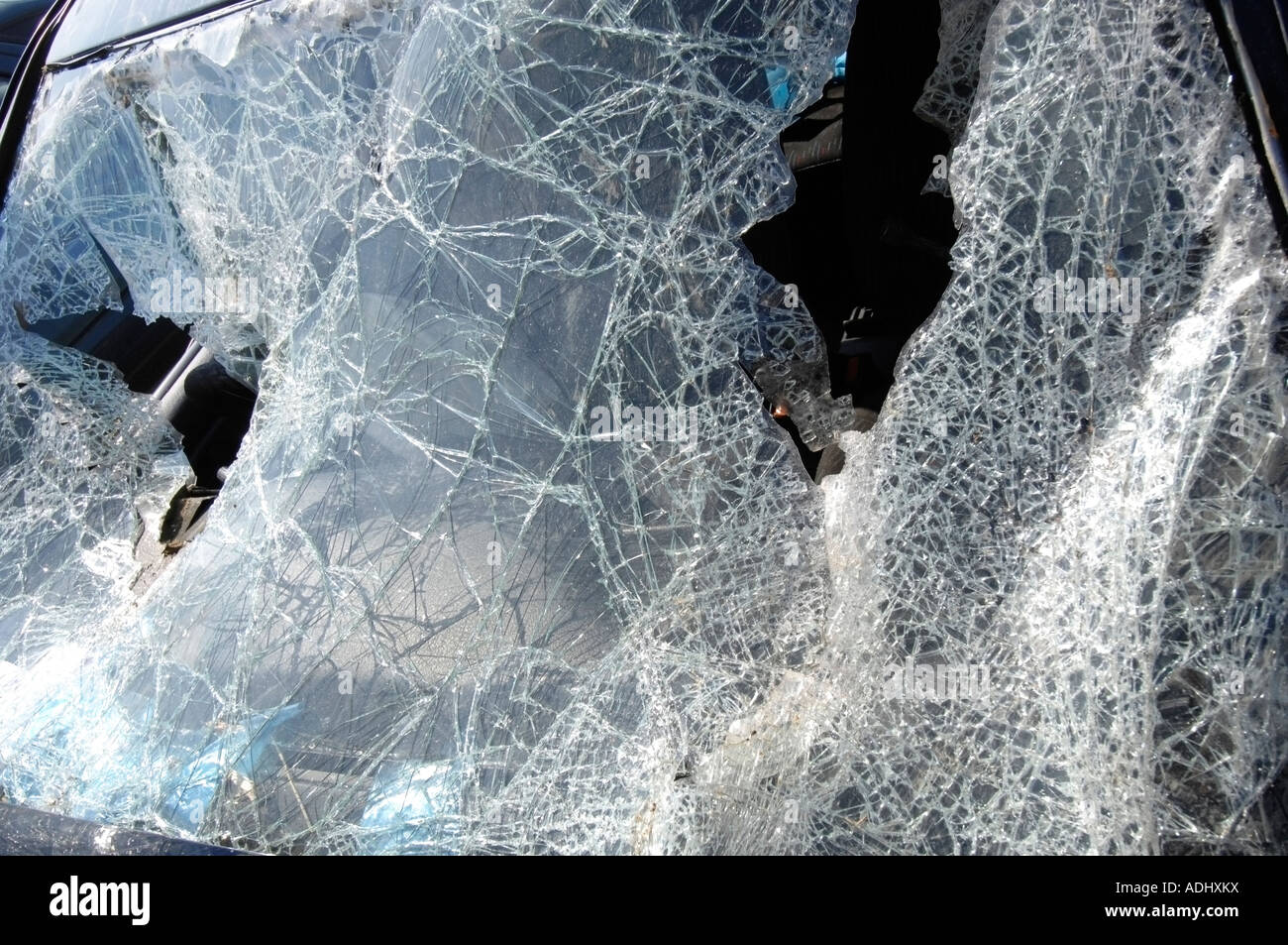 The shattered windscreen of a car wrecked in a road accident Stock ...