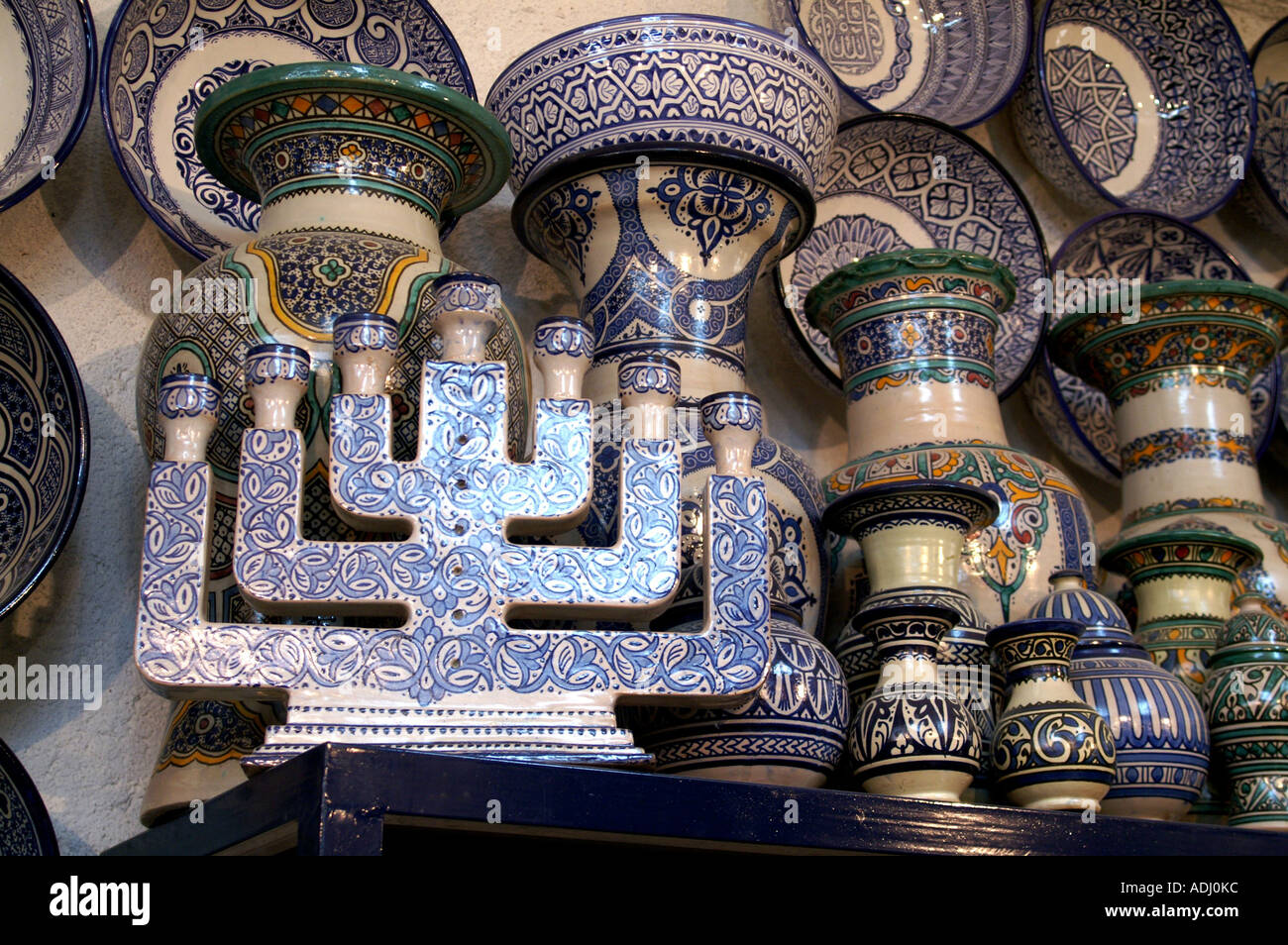 Jewish candelabra on display at the ceramic clay works shop in Fes ...