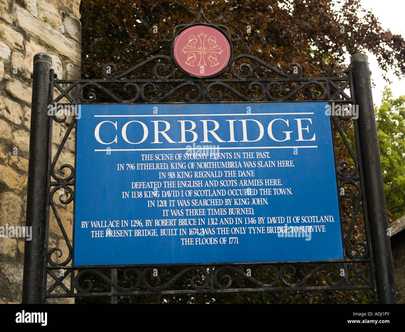 Sign giving a history of battles in Corbridge Northumberland Stock ...