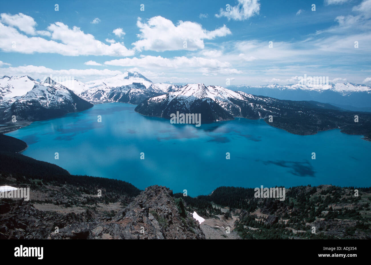 View of Garibaldi Lake and Garibaldi peak from top of Panorama Ridge ...