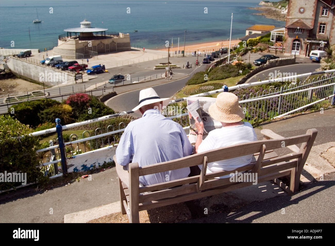 old couple sat on bench above esplanade Ventnor Cascades Ventnor ...