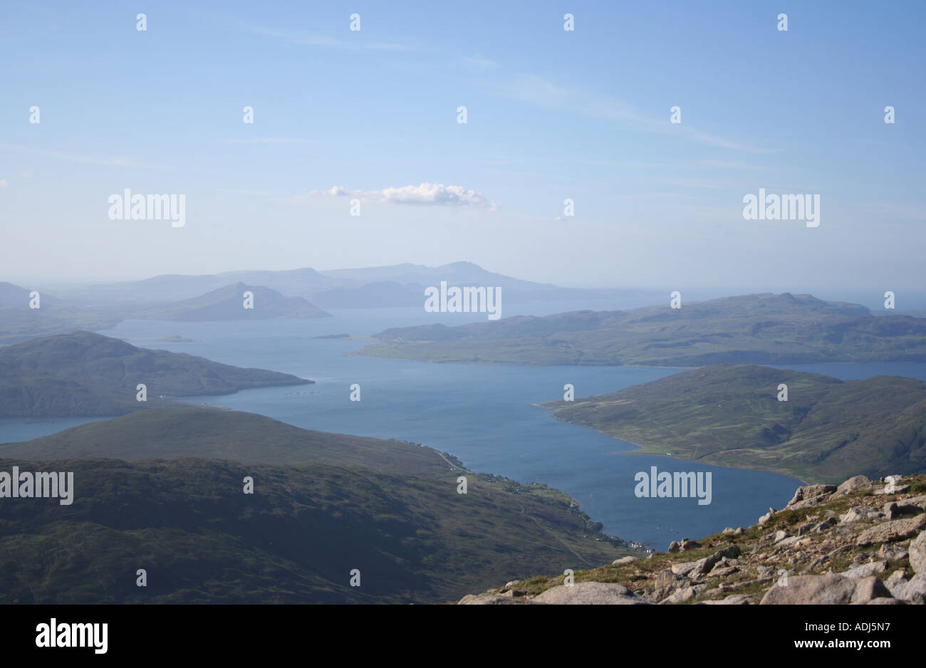 aerial view Isle of Scalpay and Raasay from summit of Beinn na Caillich ...