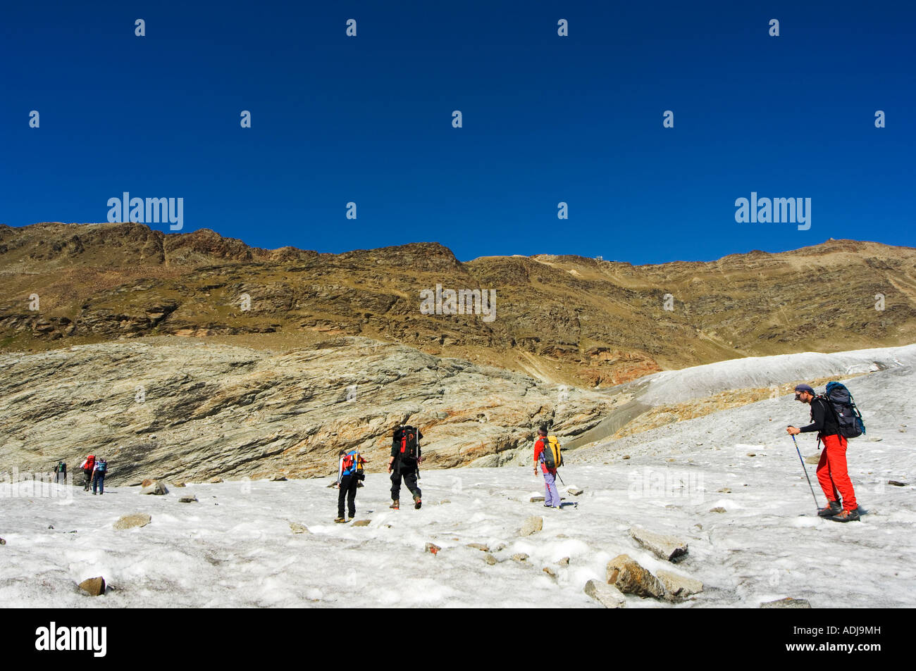 Switzerland The Valais Zermatt Alpine Resort Hikers Crossing Crevasses ...