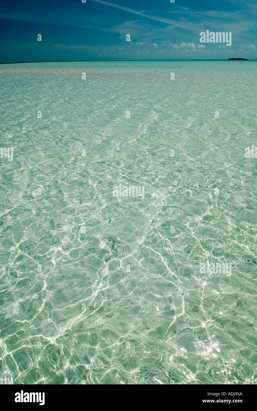 GREATER EXUMA BAHAMA Emerald green water and blue sky refecting in ...