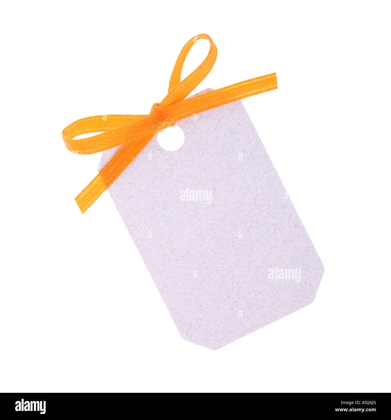 white gift tag with orange ribbon bow on white background with clipping ...