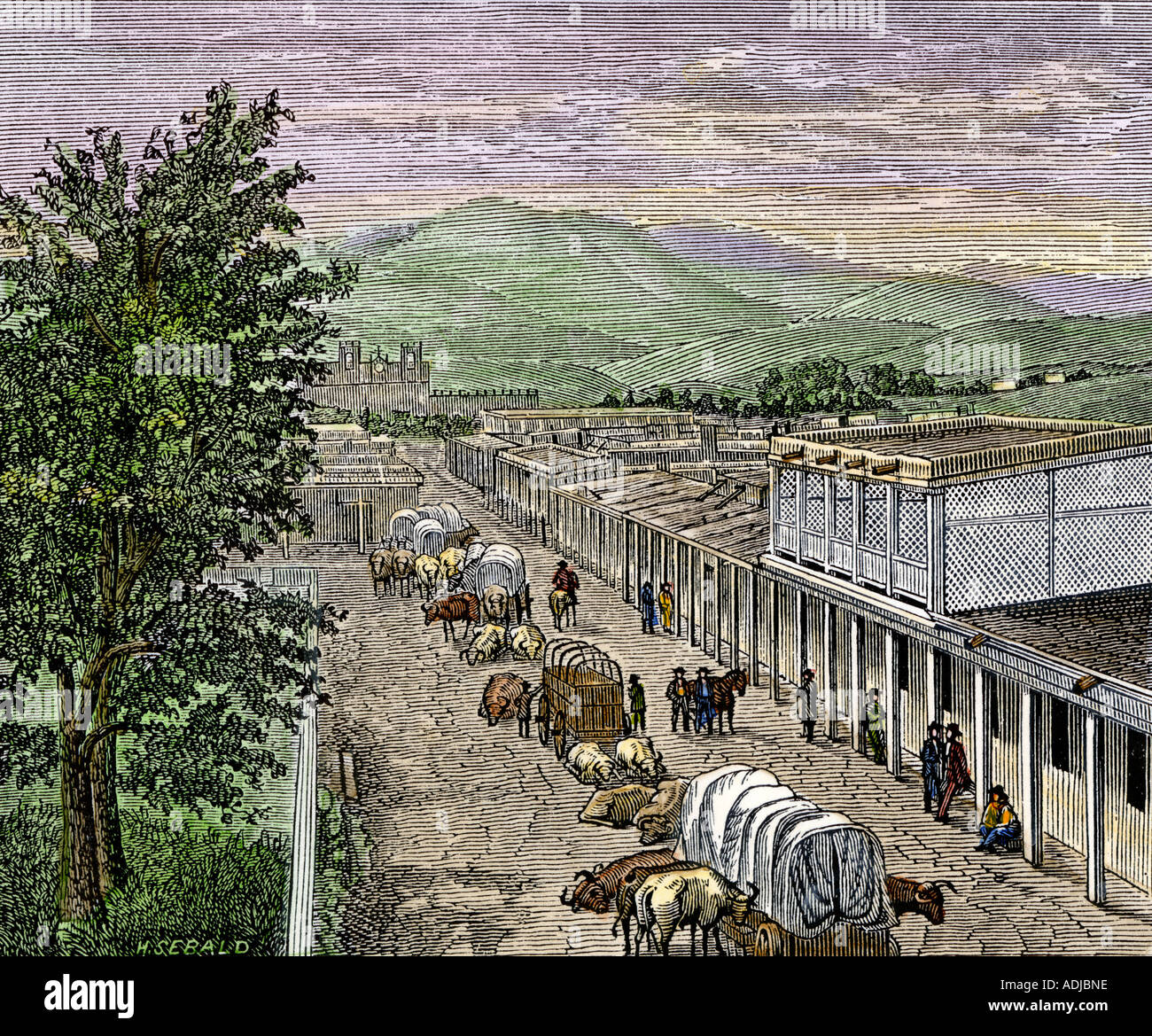 Covered wagons at the end of Santa Fe Trail on the Plaza in Santa Fe ...