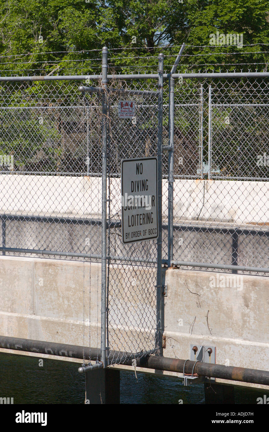 No Diving, Jumping or Loitering Warning Sign on Fenced Bridge Stock ...