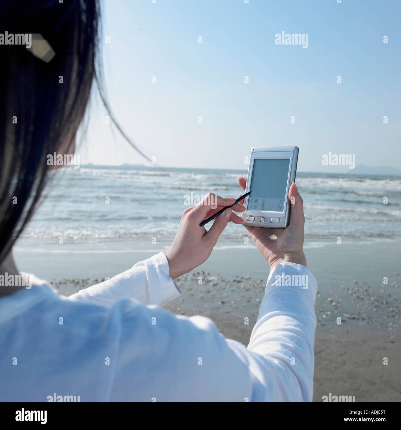 a woman doing something with a PDA on the grass Stock Photo - Alamy
