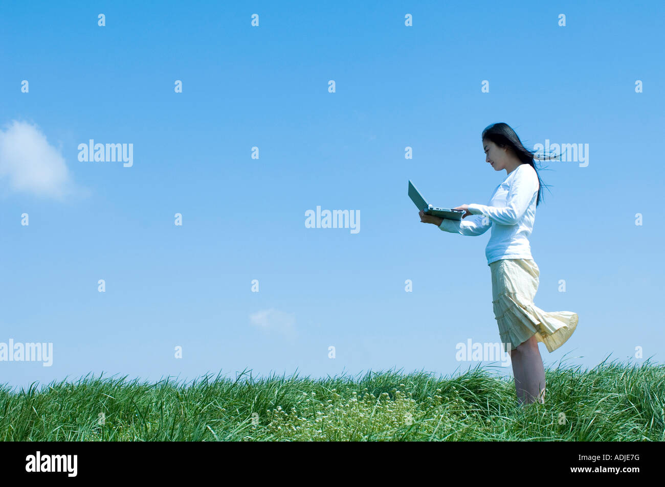 a woman doing something with a PDA on the grass Stock Photo - Alamy