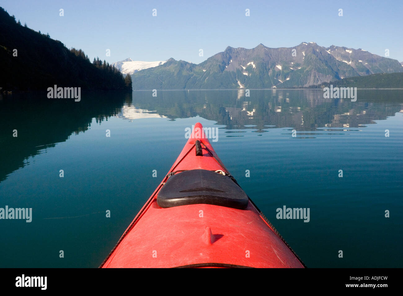 Kayakers view of front of sea kayak in Abra Cove Aialik Bay Kenai ...