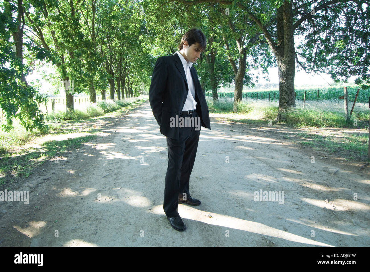 Businessman standing in rural road, looking down Stock Photo - Alamy