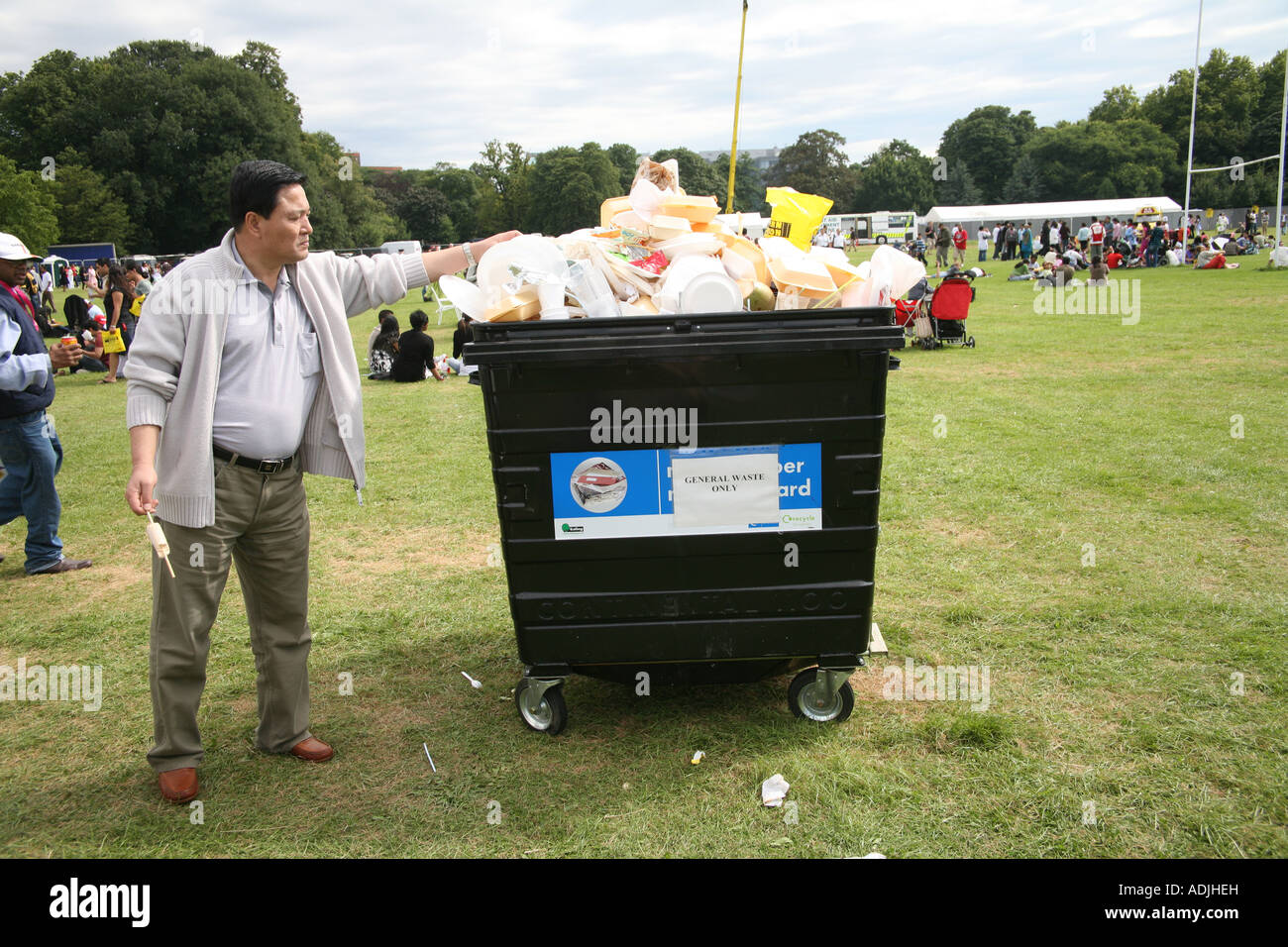 Rubbish piled high at Gunnersbury Park in London during the London Mela ...