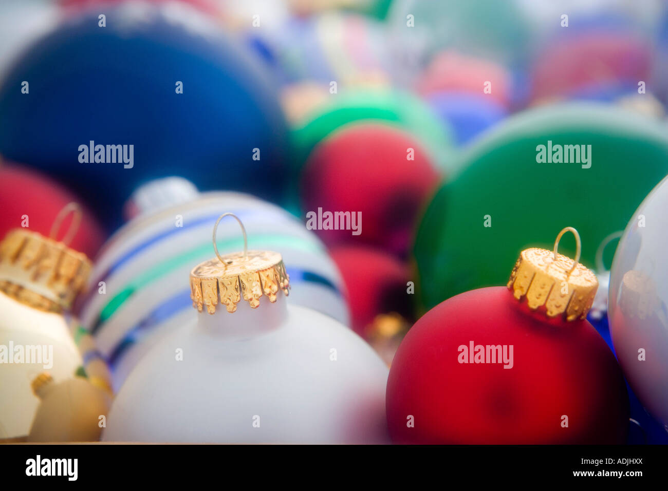 Variety of colorful Christmas tree ornaments studio portrait Stock ...