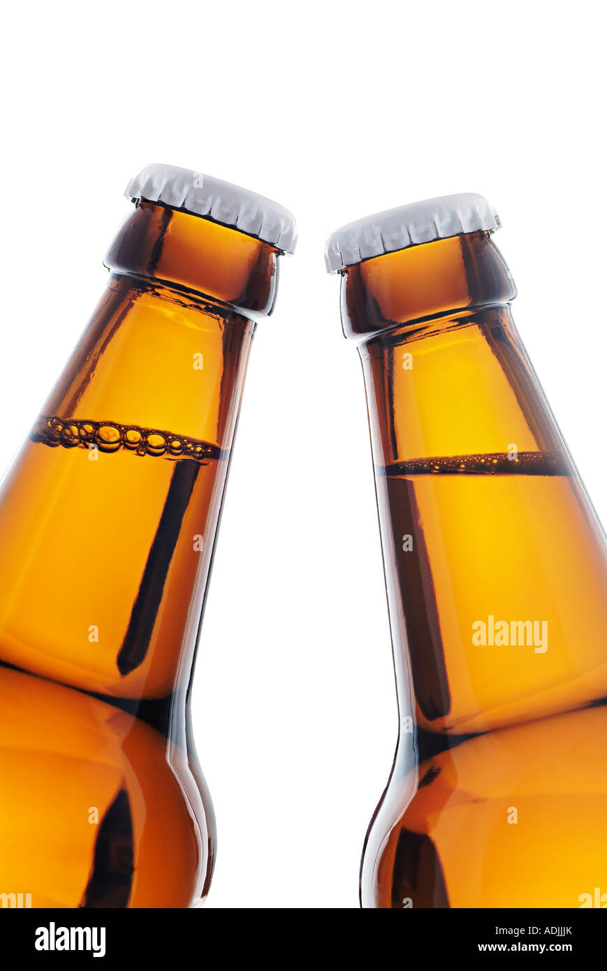 Beer Bottles Tilted Towards Each Other in a Toast White Background ... Beer Bottles Tilted Towards Each Other in a Toast White Background ...