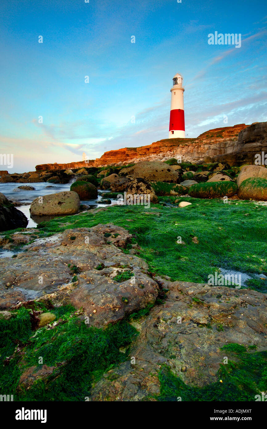 Portland Bill lighthouse at dawn taken from the foreshore amongst the ...