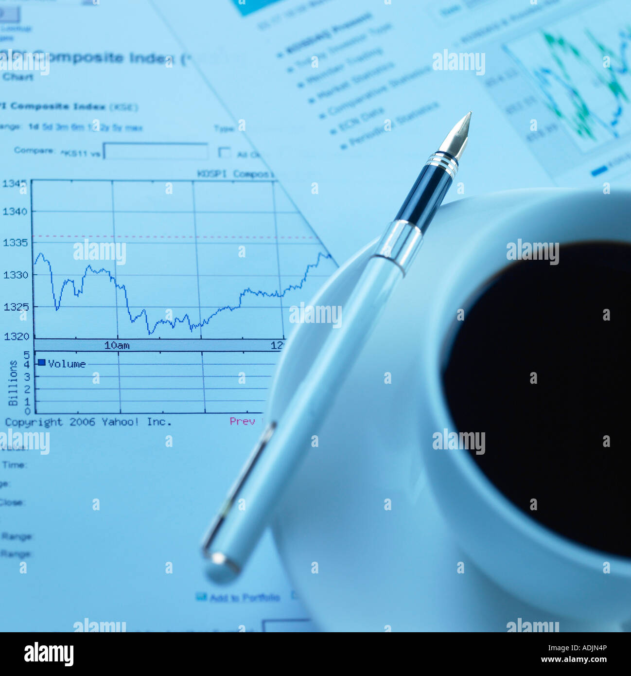graph document statistics paper coffee cup pen Stock Photo - Alamy