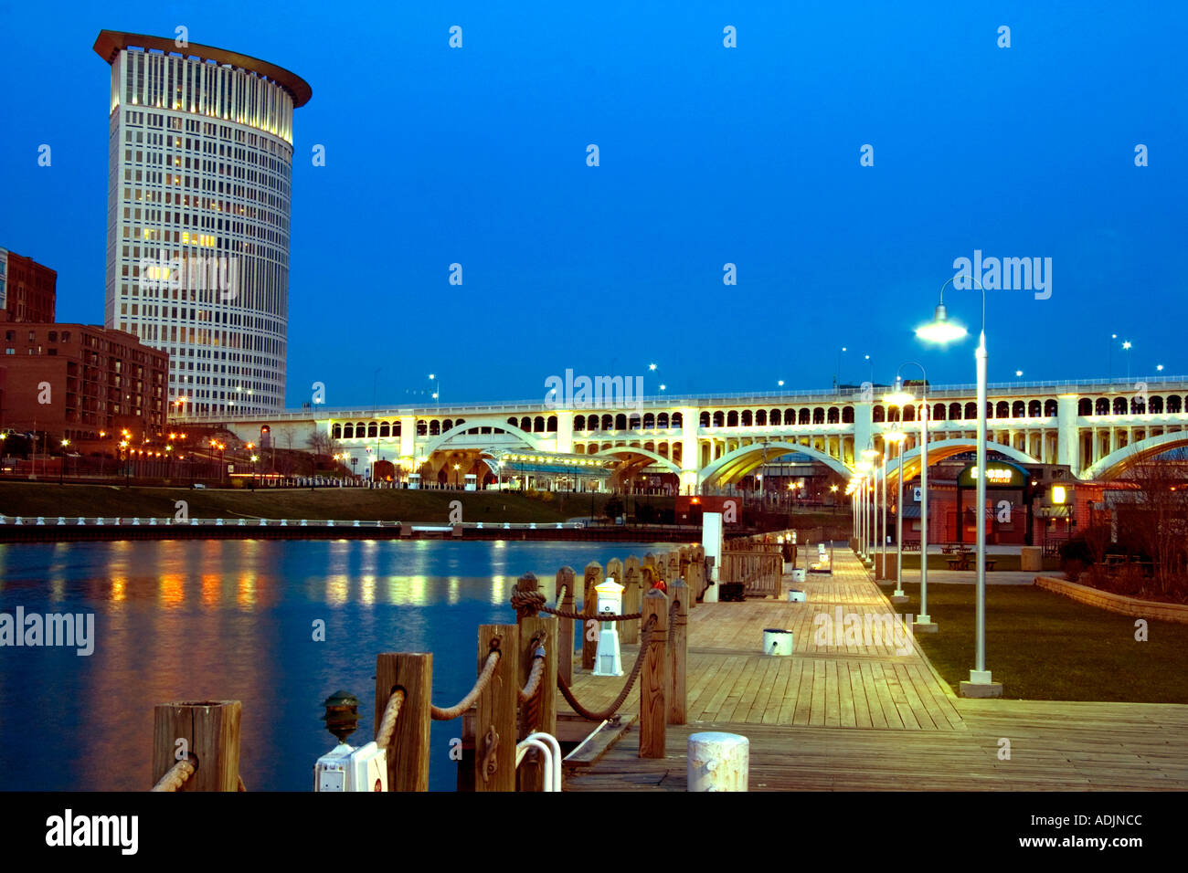 The Cuyahoga River reflects the Carl B Stokes Federal Courthouse in ...