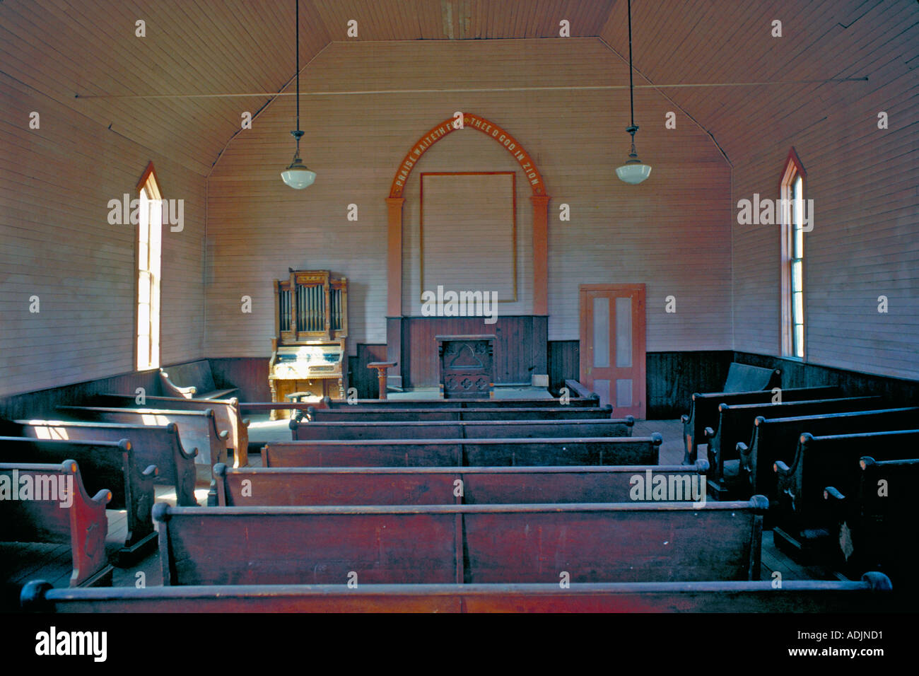 The inside of a old chapel at the ghost town in Bode California Stock ...