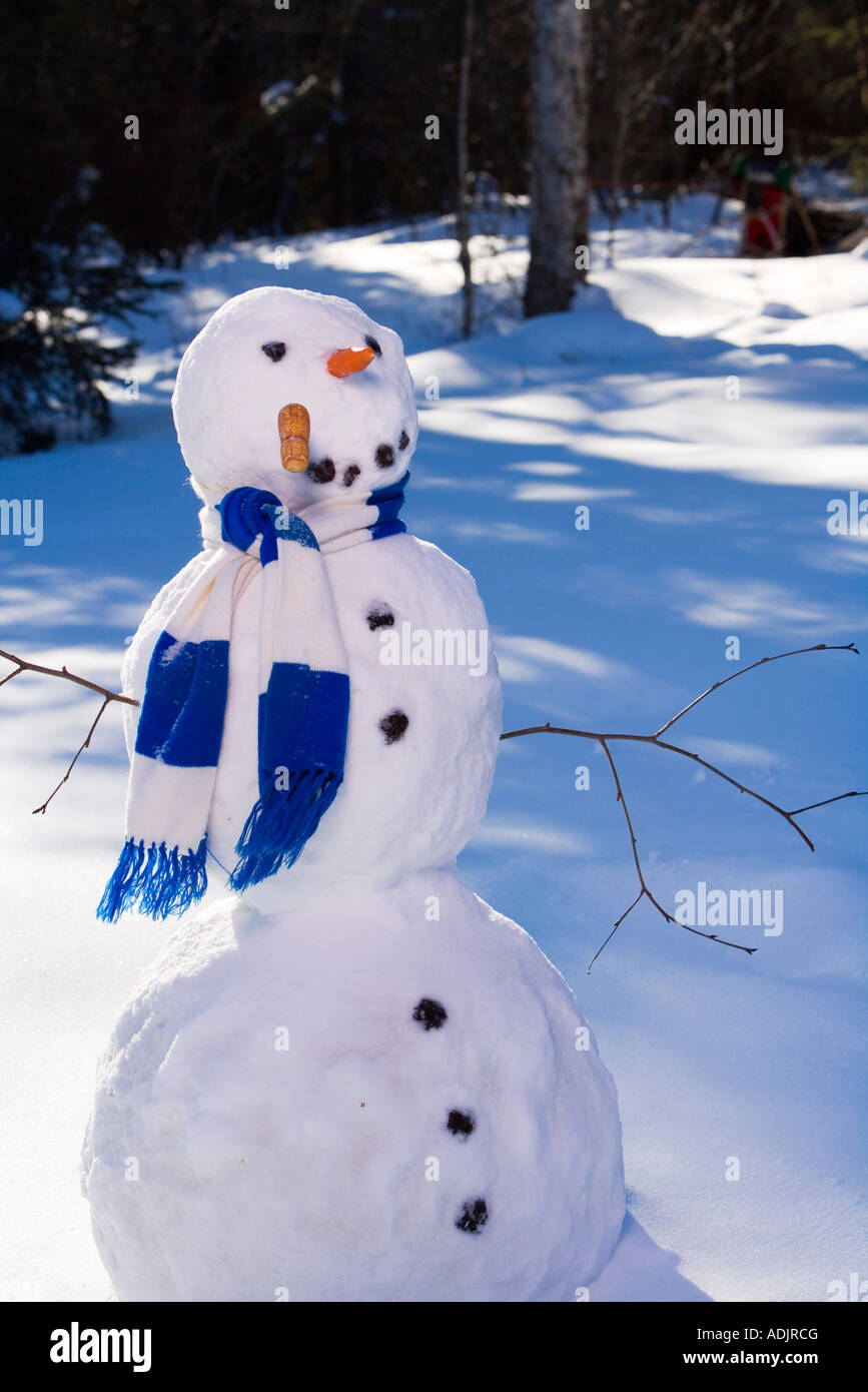Snowman in the woods in afternoon light after making snow angel ...
