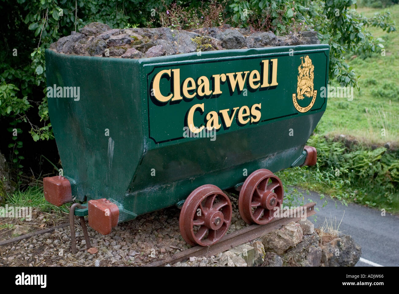 Sign on iron ore wagon at entrance to Clearwell caves in the Forest of ...