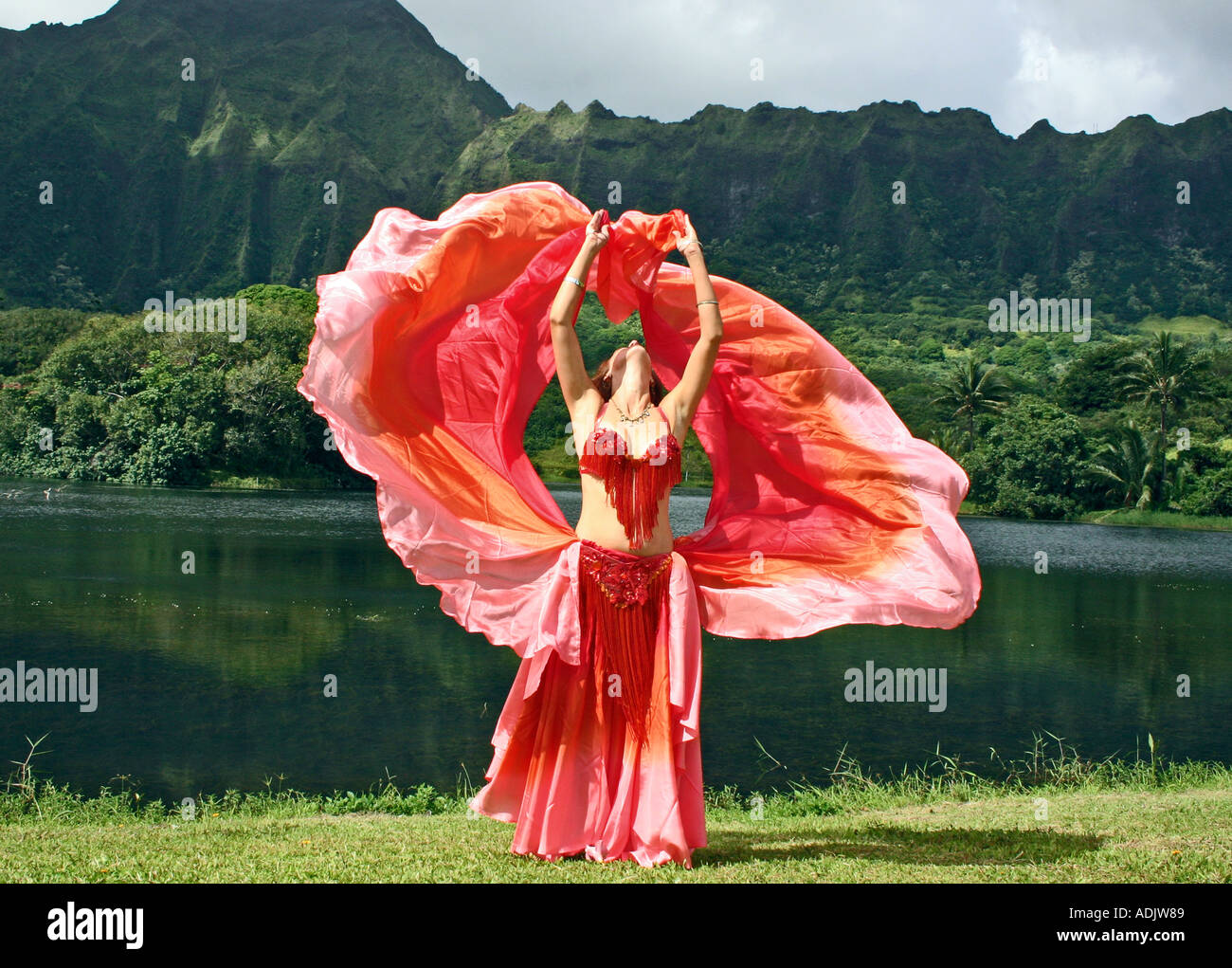 Belly dancer with red veil arms outstretched in tropical setting Stock ...