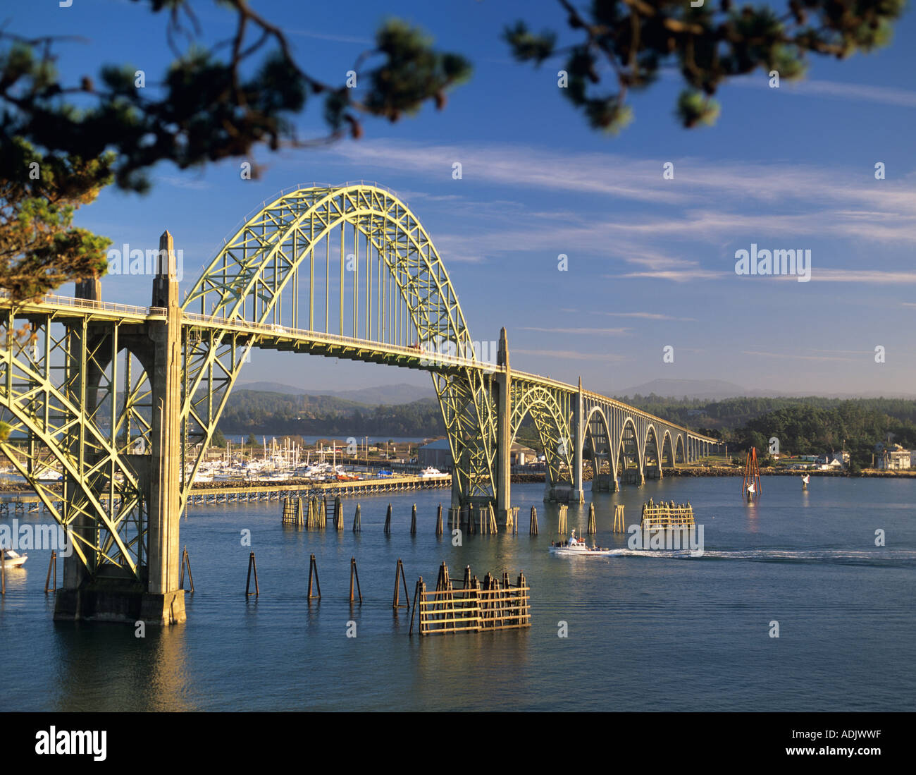 Newport Bay Bridge with boats Oregon Stock Photo - Alamy