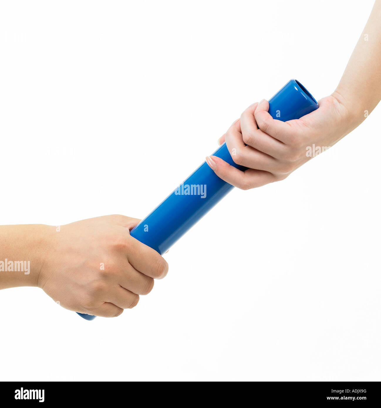 A woman giving a baton to a man Stock Photo - Alamy