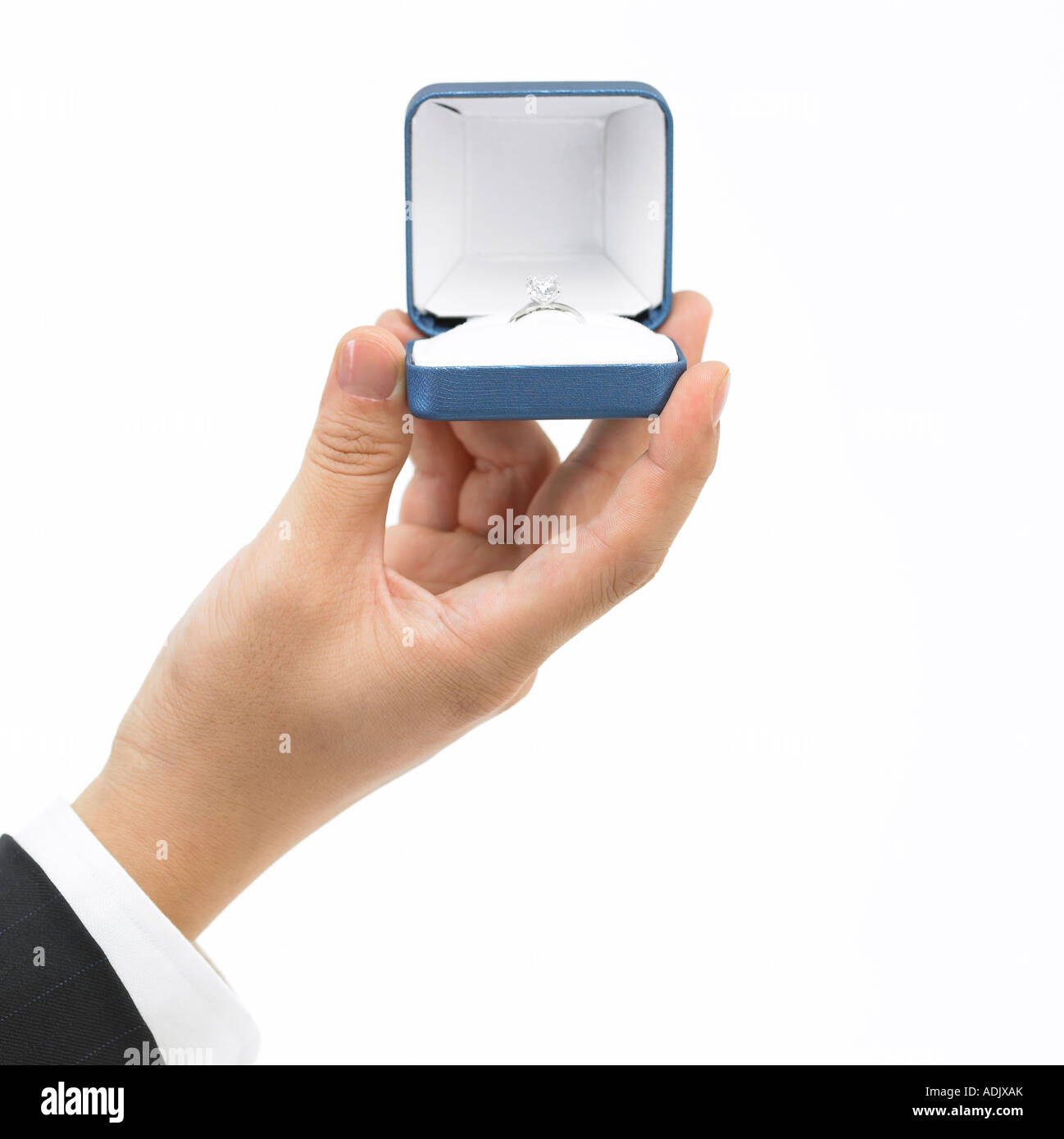 A hand holding a wedding ring in its box Stock Photo - Alamy
