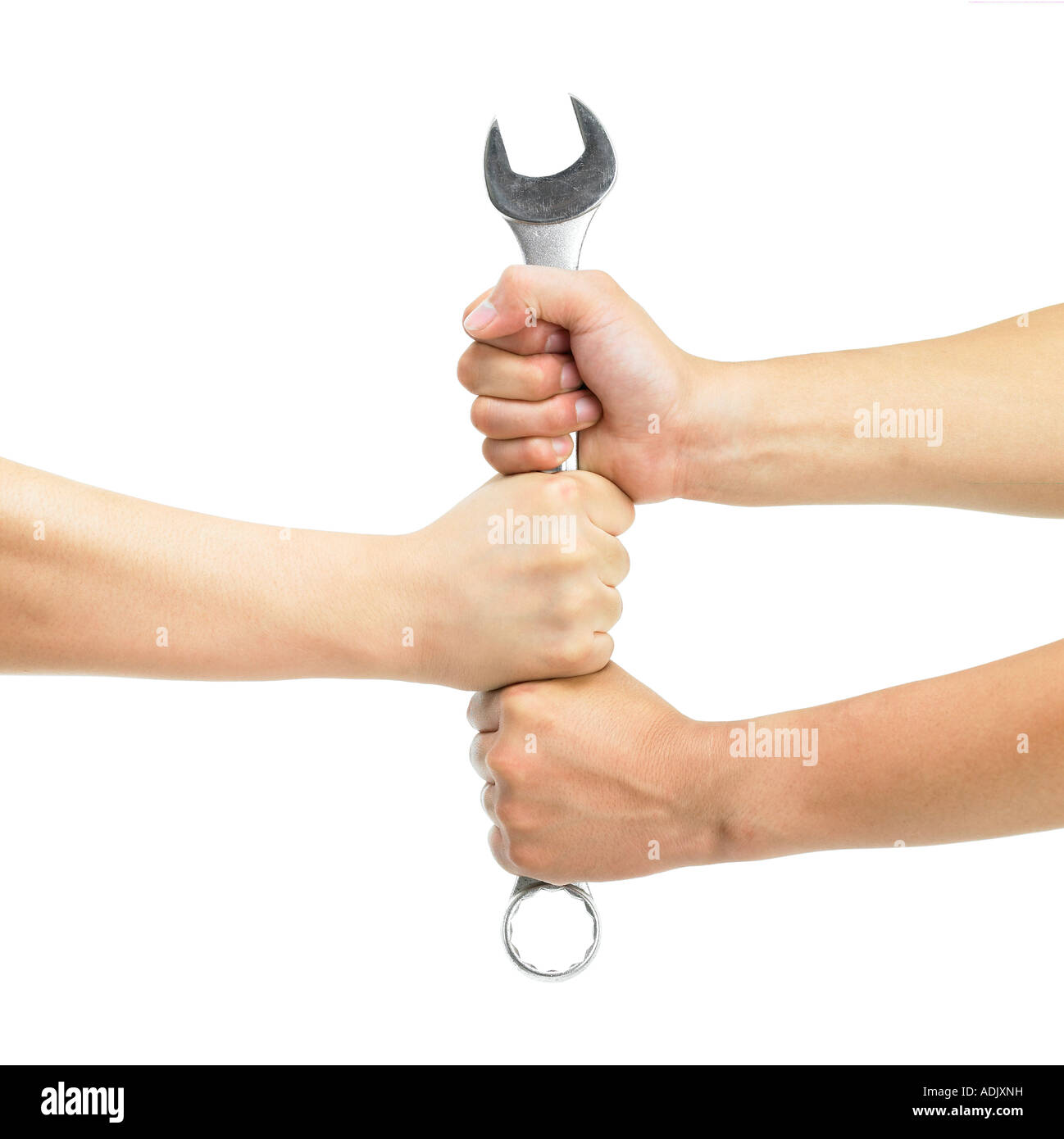 Two men holding a spanner Stock Photo - Alamy