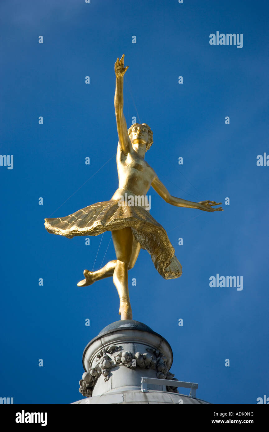The gilded statue of ballerina Anna Pavlova on the cupola of Victoria Palace Theatre London ...