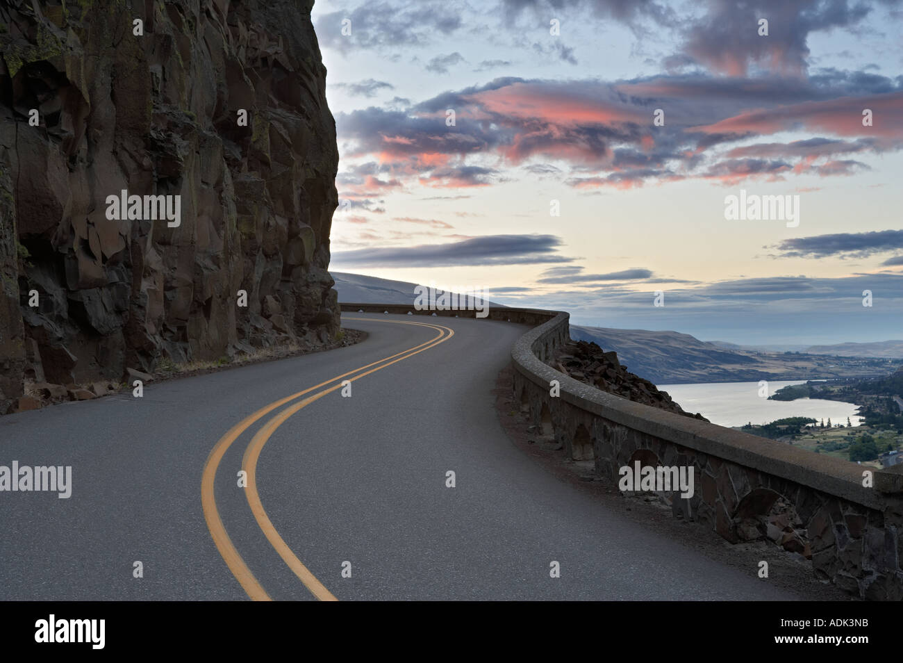 Sunrise with historic highway Columbia River Gorge National Scenic Area ...