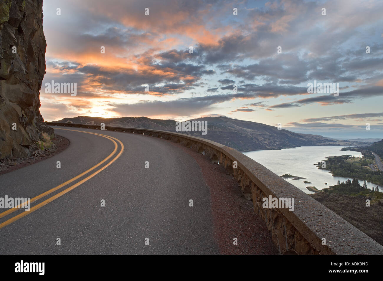 Sunrise with historic highway Columbia River Gorge National Scenic Area ...